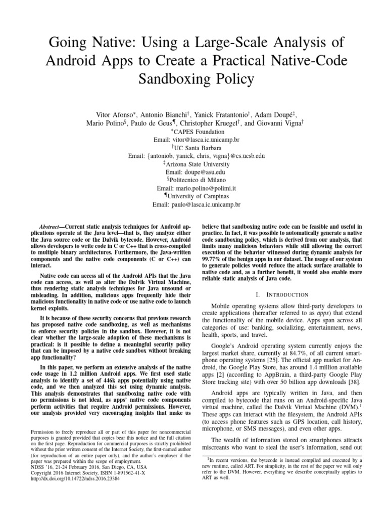 Going Native Large Scale Analysis Android Apps Practical Native Code Sandboxing Policy Pdf
