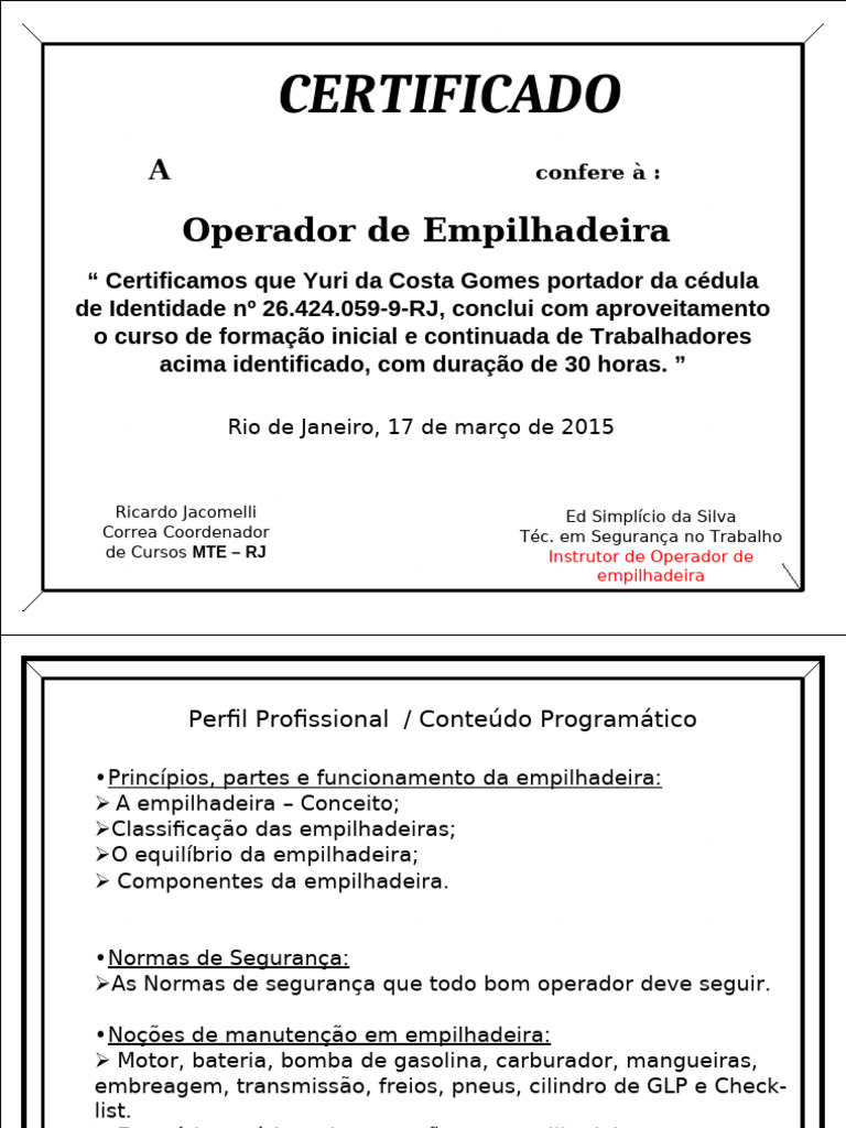 Certificado de Operador de Empilhadeira | PDF