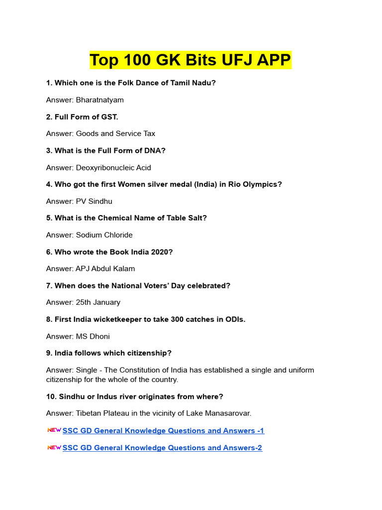 SSC GD Top 100 GK Bits UFJ APP | PDF