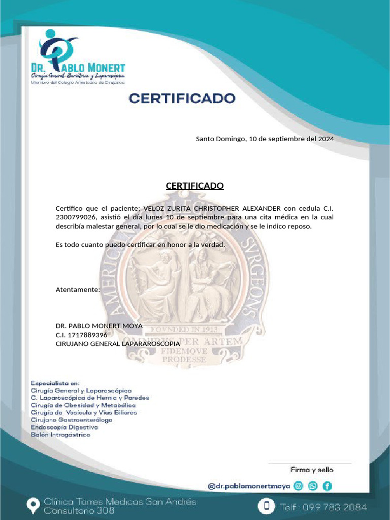 Certificado Médico de Christopher Veloz | PDF | Derecho | Salud y bienestar