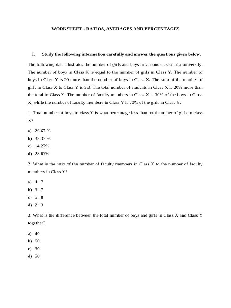 Worksheet - Ratio, Averages, Percentages | PDF | Percentage
