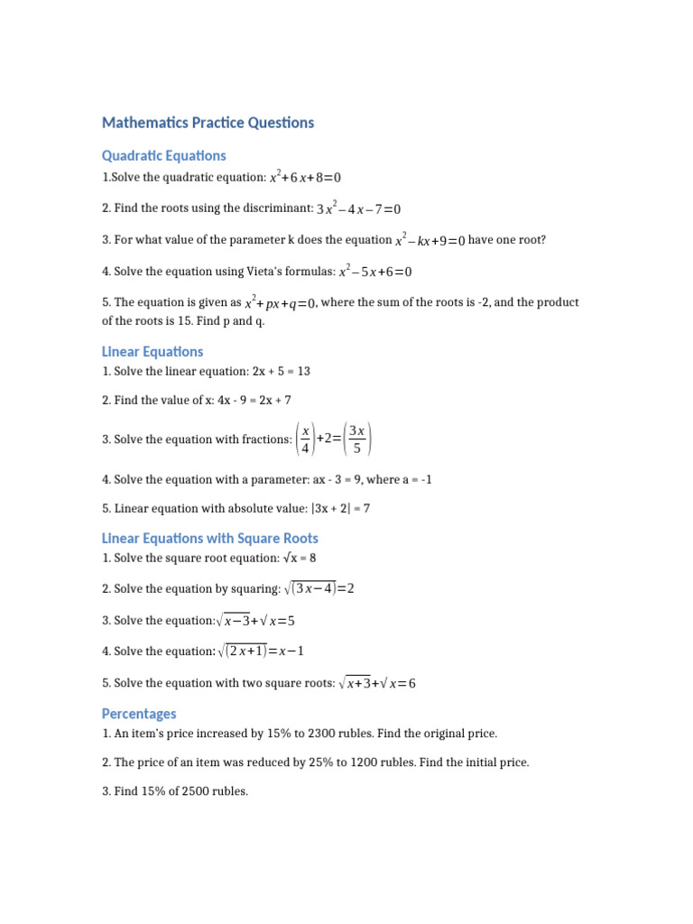 Mathematics Practice Questions | PDF | Equations | Quadratic Equation