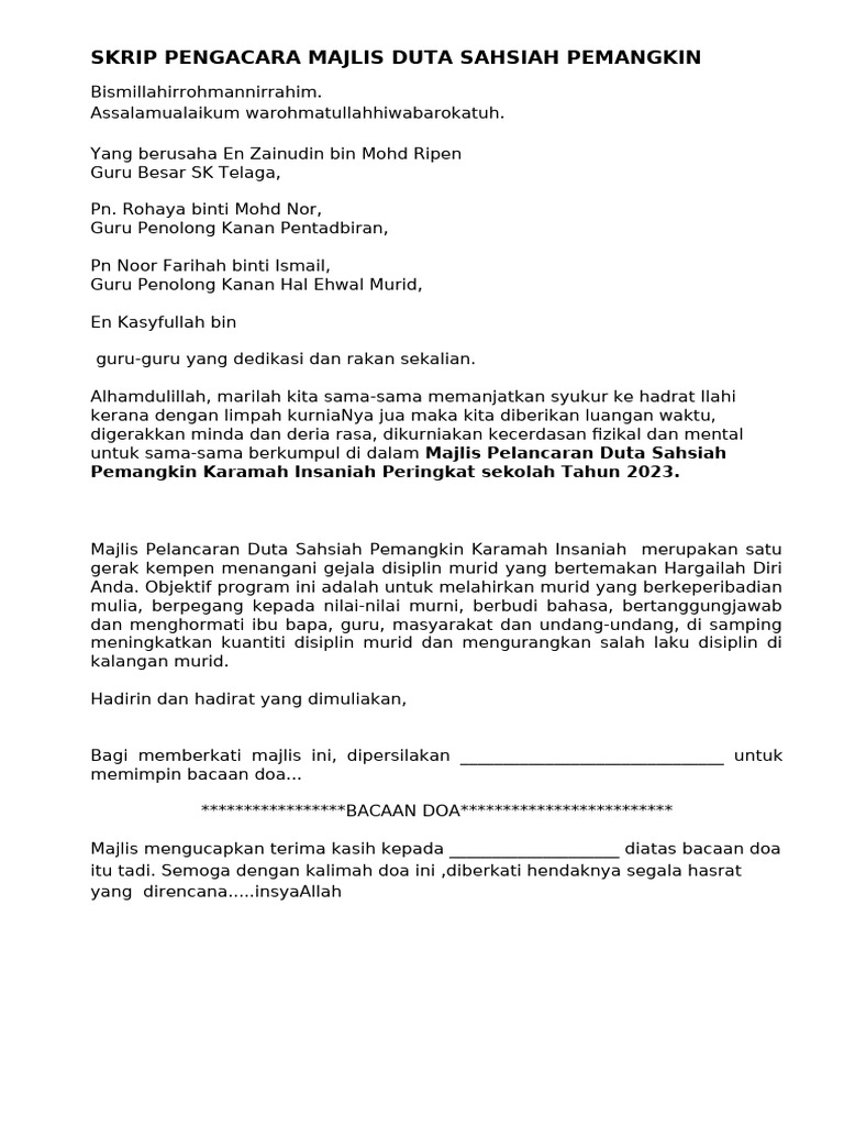 Skrip Pengacara Majlis Sahsiah | PDF