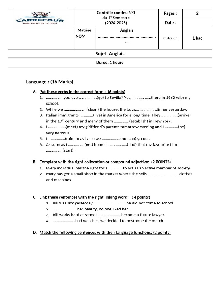 English Exam for 1st Bac Students | PDF | Language Families | Linguistics