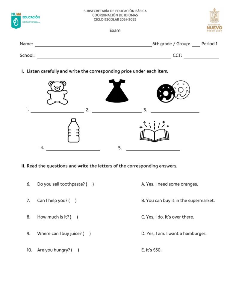 6th Grade Exam Period 1 | PDF