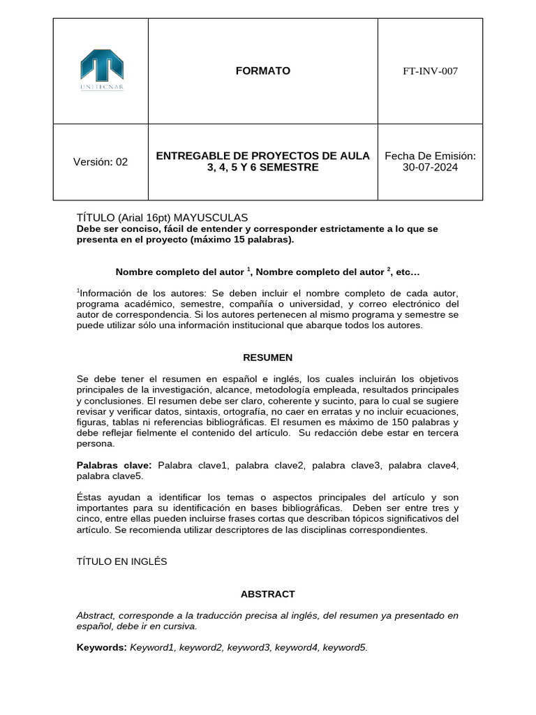 FT-INV-007 Formato Entregable - 3 - 4 - 5 - 6 - Semestre - V2 | PDF | Bibliografía | Sumario ...