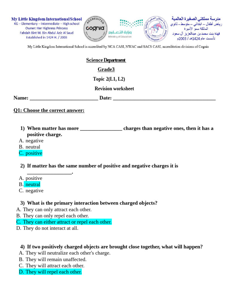 Revision+worksheet+gr3+topic+2 (L1,2) (1) Answers | PDF | Electric Charge | Force