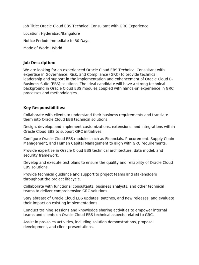 Job Description For Oracle Cloud EBS Technical Consultant (GRC) | PDF