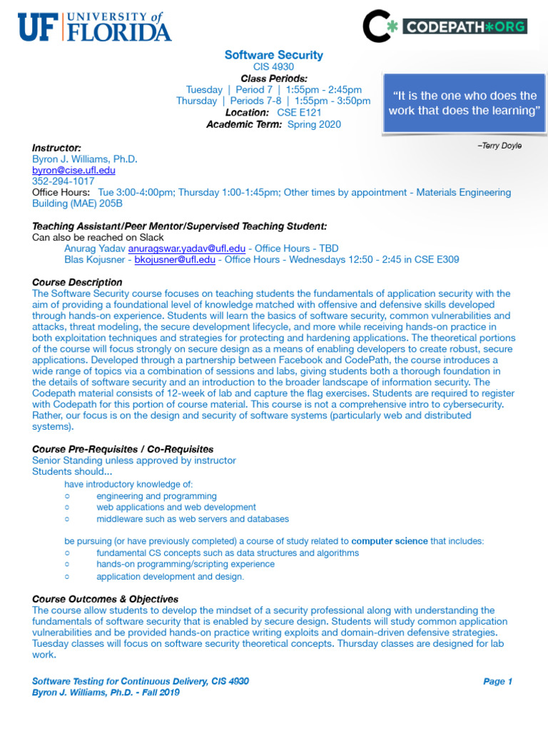 UF CIS-4930 SW Security-Syllabus | PDF | Computer Security | Security