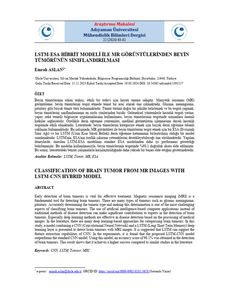 Lstm-Esa Hi̇bri̇t Modeli̇ İle MR Görüntüleri̇nden Beyi̇n Tümörünün Siniflandirilmasi | PDF