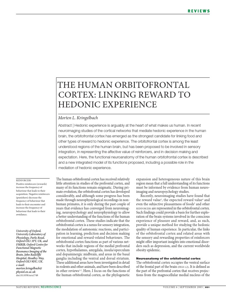 The Human Orbitofrontal Cortex: Linking Reward To Hedonic Experience | PDF | Cerebral Cortex ...