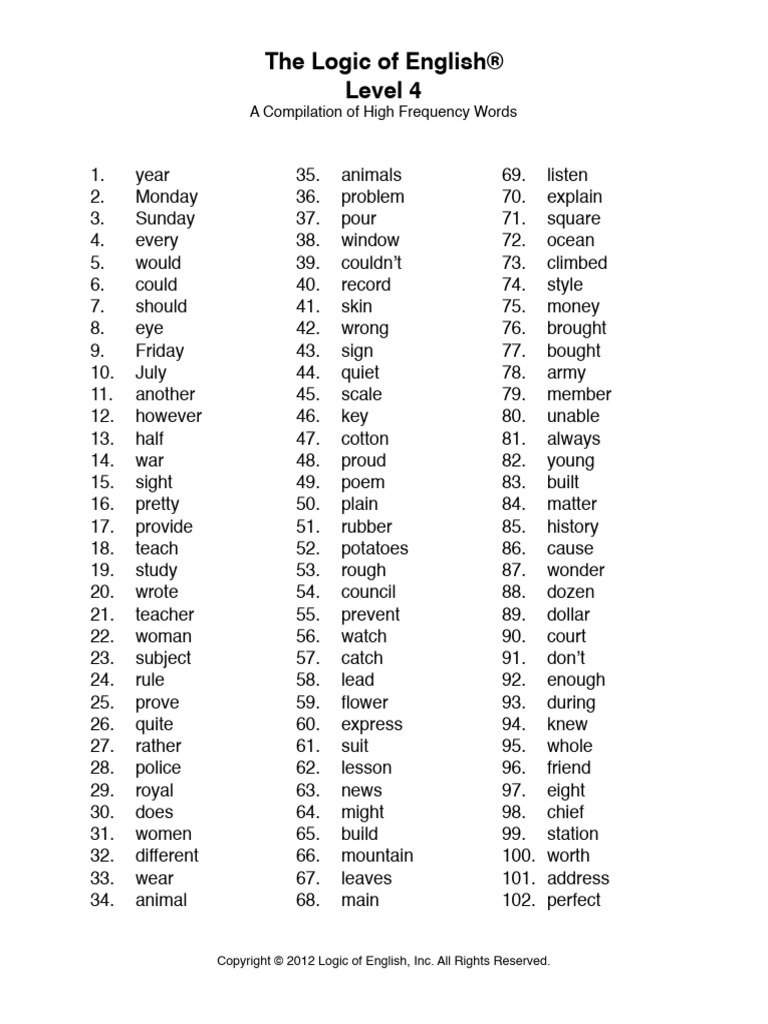 Level 4 High Frequency Words List | PDF