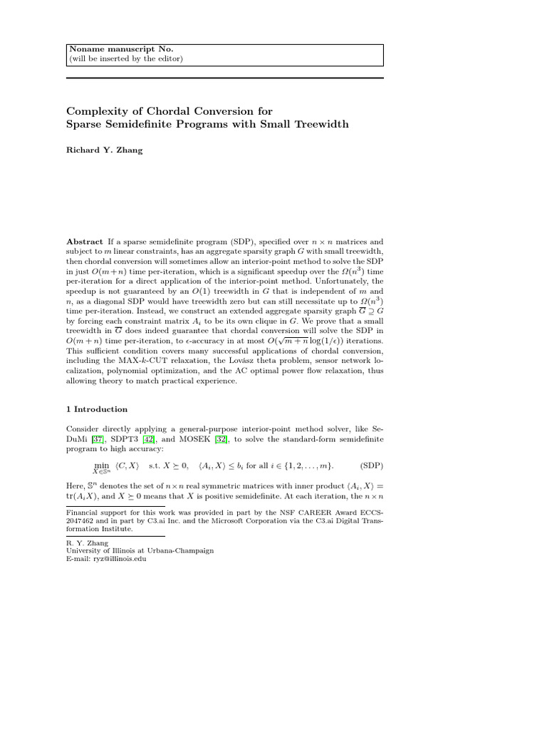 Complexity of Chordal Conversion For Sparse Semidefinite Programs With Small Treewidth | PDF ...