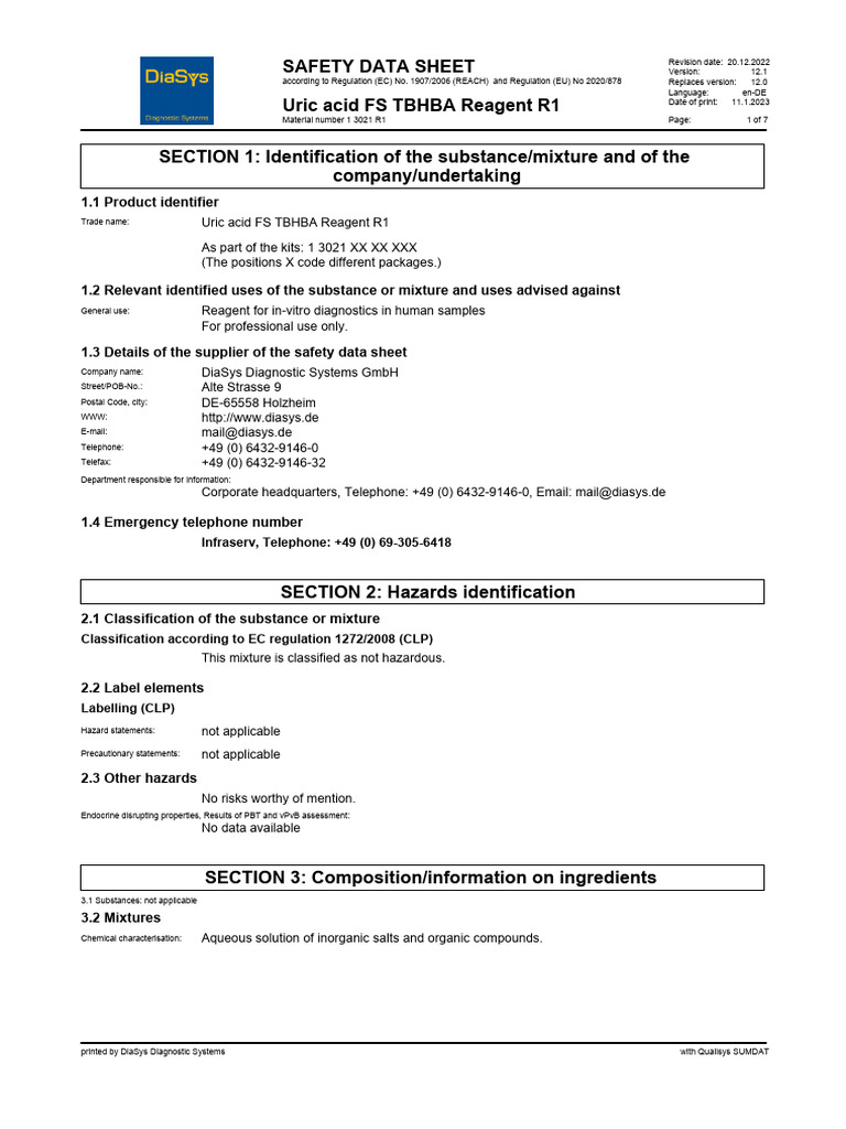 Uric Acid FS TBHBA Reagent R1-en-DE-12-1 | PDF | Dangerous Goods | Toxicity