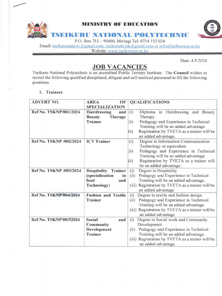 Tseikuru NP Advert For Trainers | PDF
