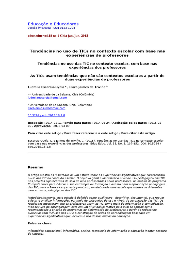 Tendências No Uso de TICs No Contexto Escolar Com Base Nas Experiências ...