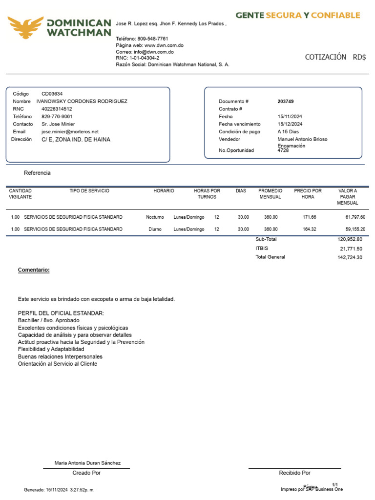 Cotización Dominican Guardianes Ivanowsky Cordones Rodriguez | PDF