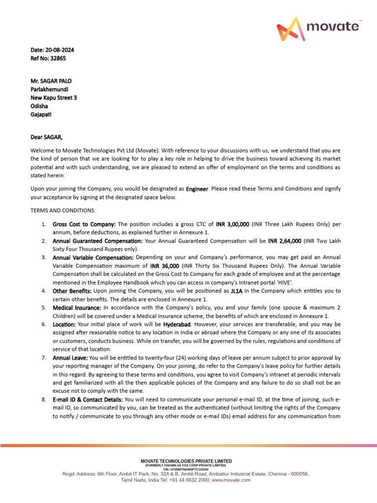 Movate Technologies Employment Offer | PDF | Employment | Expense