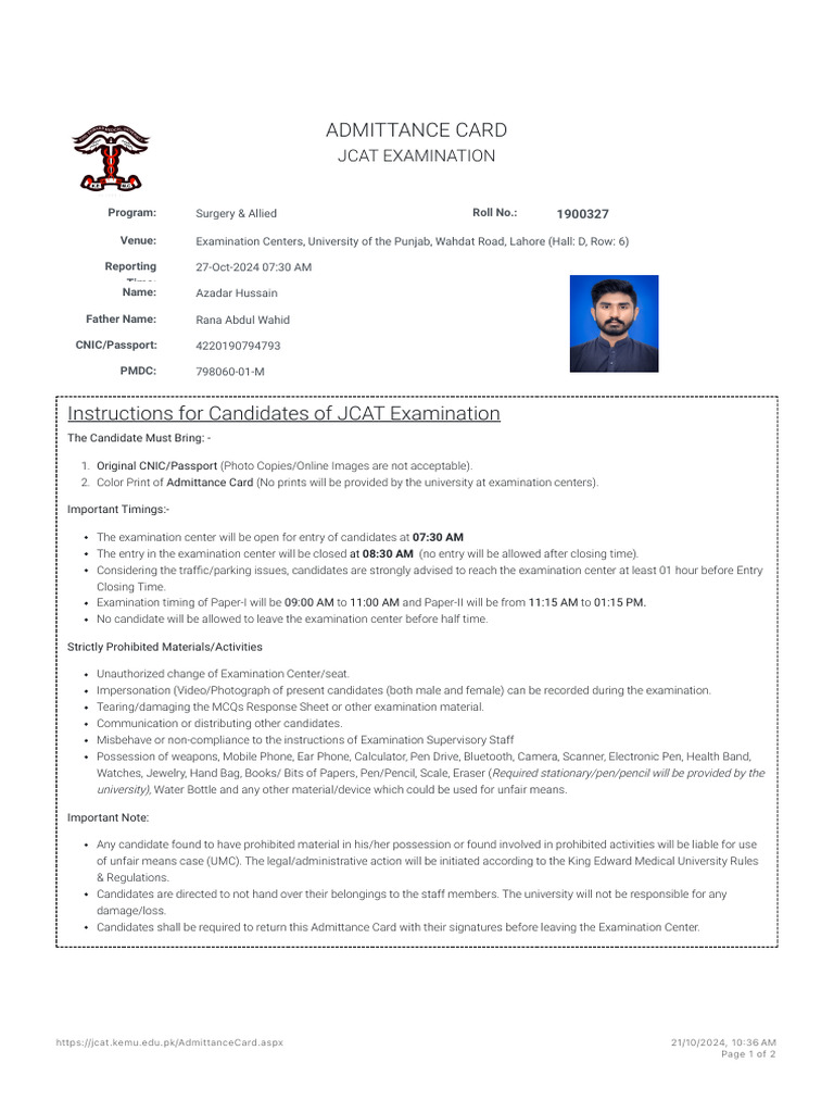 JCAT 2025 Admittance Card Details | PDF | Business | Technology ...