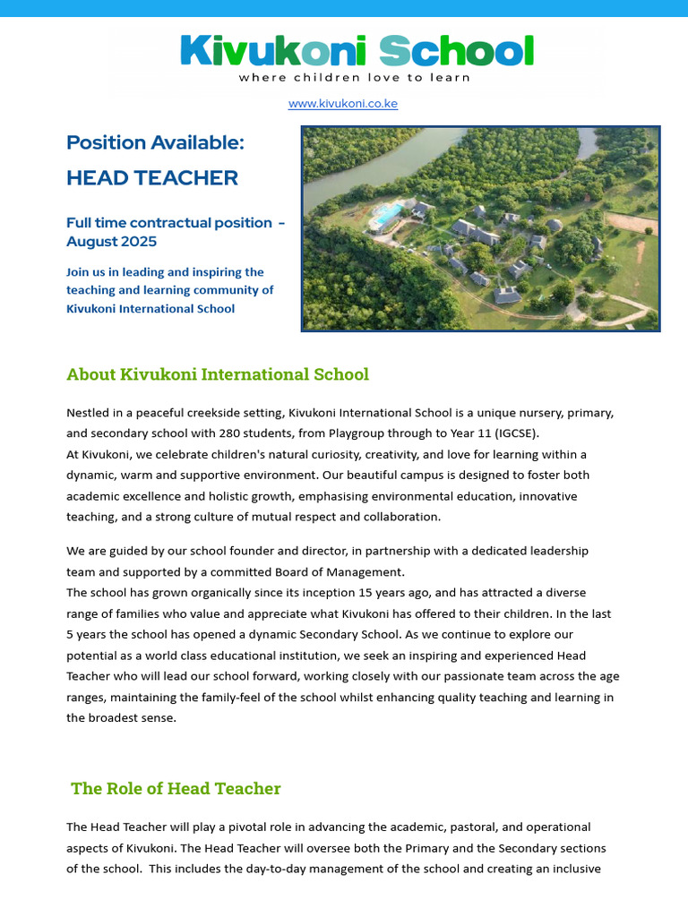 Head Teacher Position at Kivukoni School | PDF | Teachers | Leadership