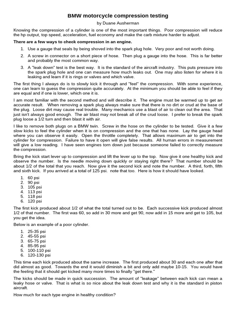BMW R60/5 Motorcycle Compression Testing | PDF | Engines | Mechanical ...