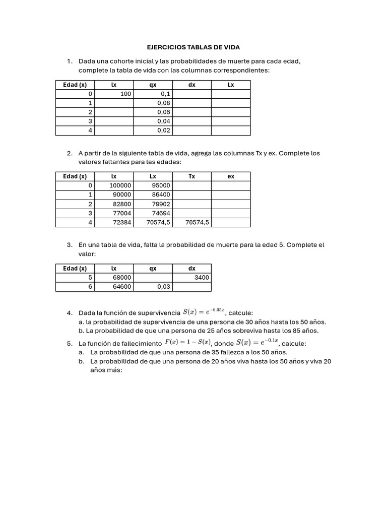 Ejercicios Tablas de Vida | PDF