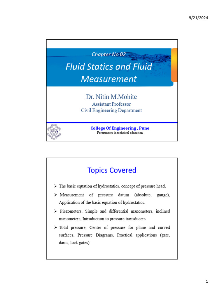 2 Unit 2 A Fluid Statics | PDF | Pressure Measurement | Pressure