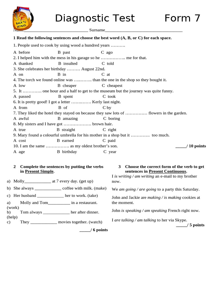 Diagnostic Test Form 7 | PDF | Perfect (Grammar)