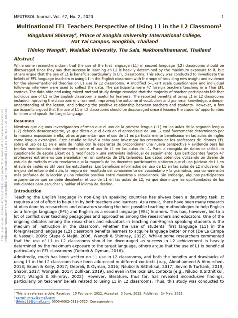 EFL Teachers' Views on L1 Use in Classrooms | PDF | Second Language ...