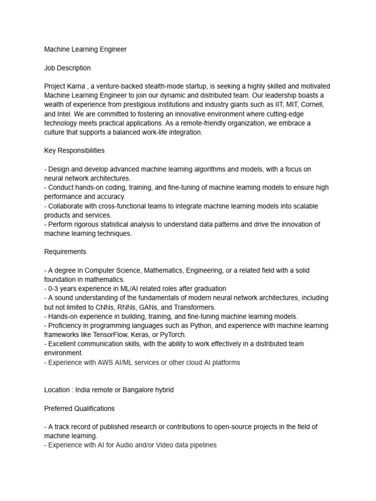 Machine Learning Engineer Job Opening | PDF | Machine Learning | Artificial Intelligence
