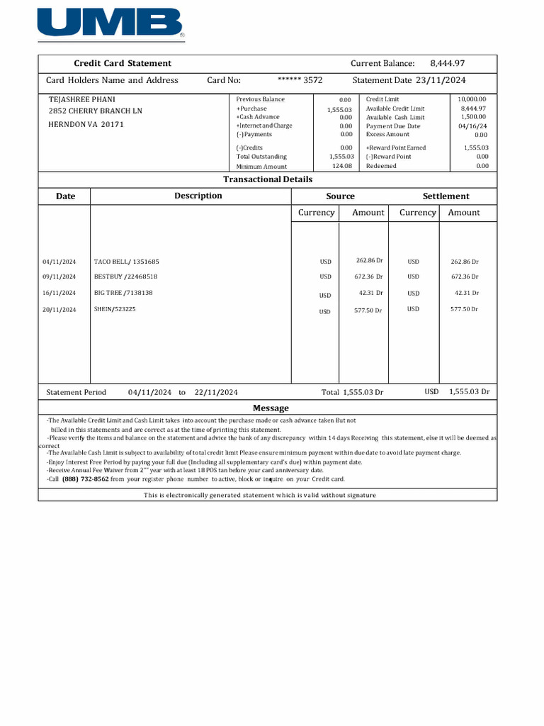 UMB Statement | PDF | Credit Card | Payments