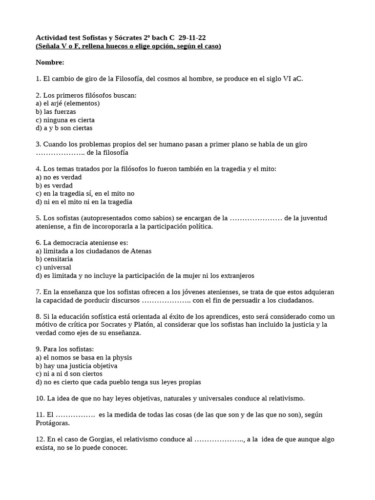 Test sobre Sócrates y Sofistas | PDF | Sócrates | Platón