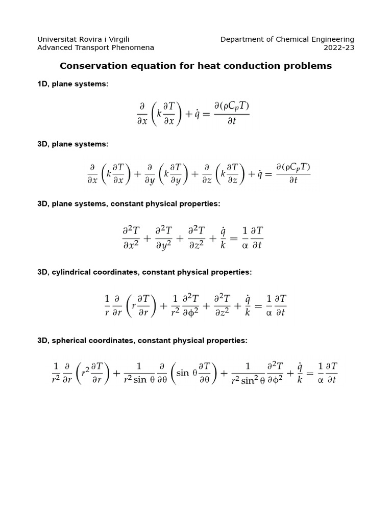 Heat Conduction Equations | PDF