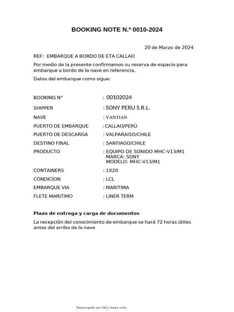 Booking Exportacion | PDF