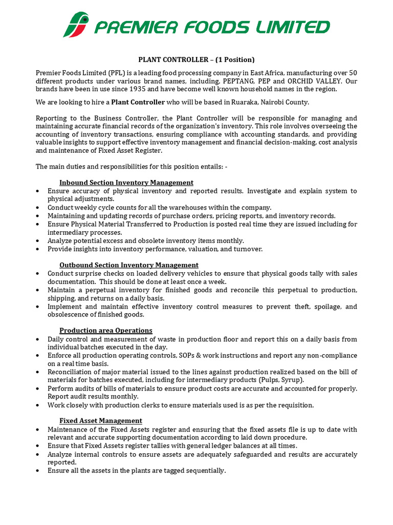 Plant Controller Job at Premier Foods | PDF | Inventory | Audit
