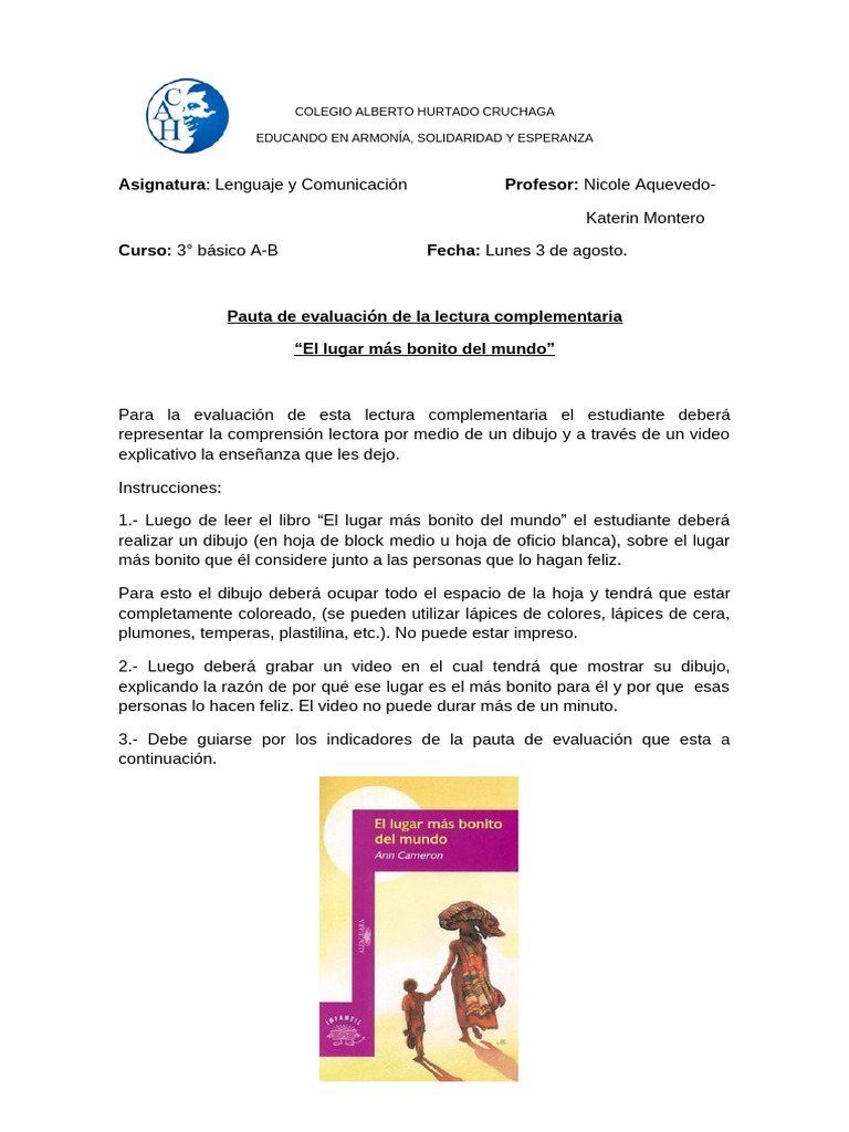 Evaluacion EL LUGAR MAS BONITO DEL MUNDO 3ro Básico | PDF | Arte