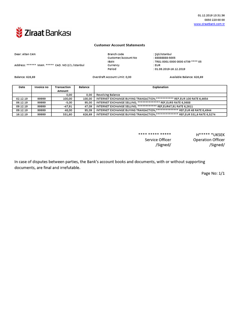 Ziraat Bankası Bank Statement | PDF | Euro | Private Sector