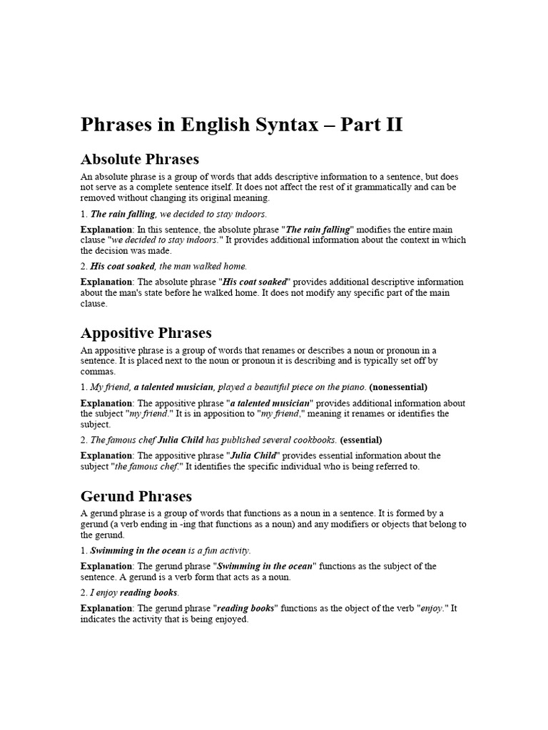 Phrases in English Syntax - Part II | PDF | Verb | Adjective Phrases in English Syntax - Part II | PDF | Verb | Adjective