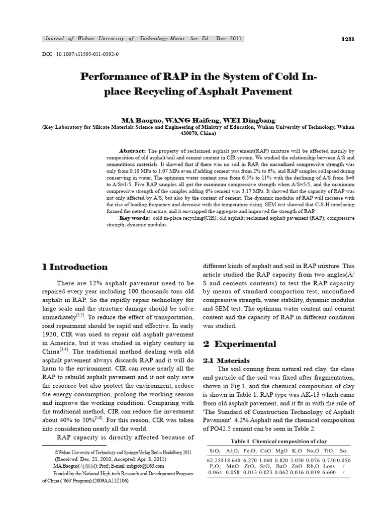 Performance of RAP in The System of Cold Inplace Recycling of Asphalt ...