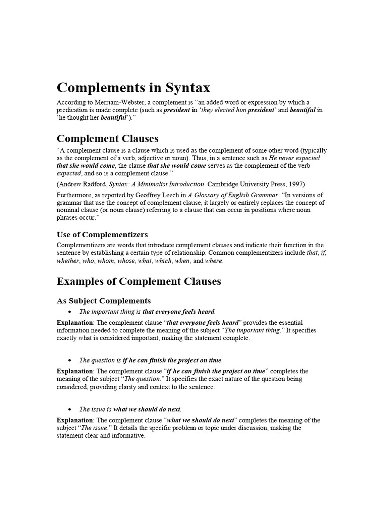 Complement Clauses in English Syntax | PDF | Clause | Phrase