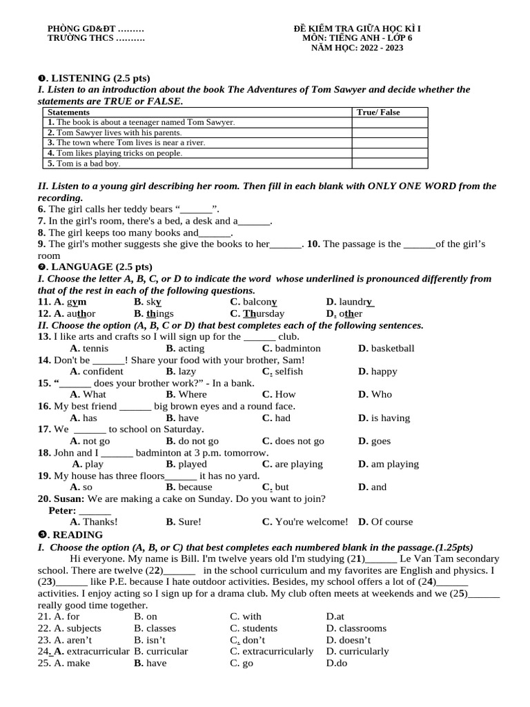 Đề - Đáp Án Đề Kiem Tra Gki - Anh 6 | PDF | Huckleberry Finn