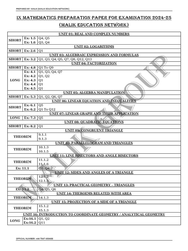 Ix Math Preparation Paper 2025 - Malik Group | PDF