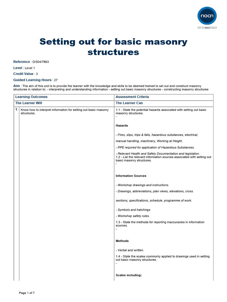 D 504 7863 Setting Out For Basic Masonry Structures | PDF | Personal ...