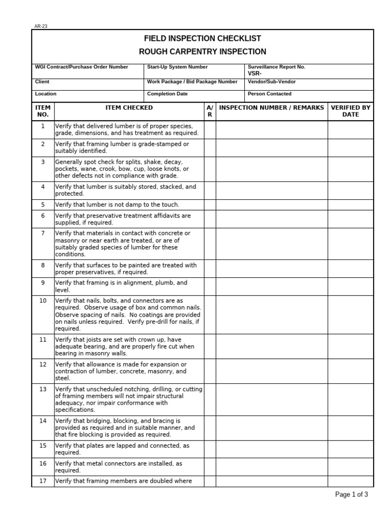 Rough Carpentry Inspection Checklist | PDF | Lumber | Building Engineering