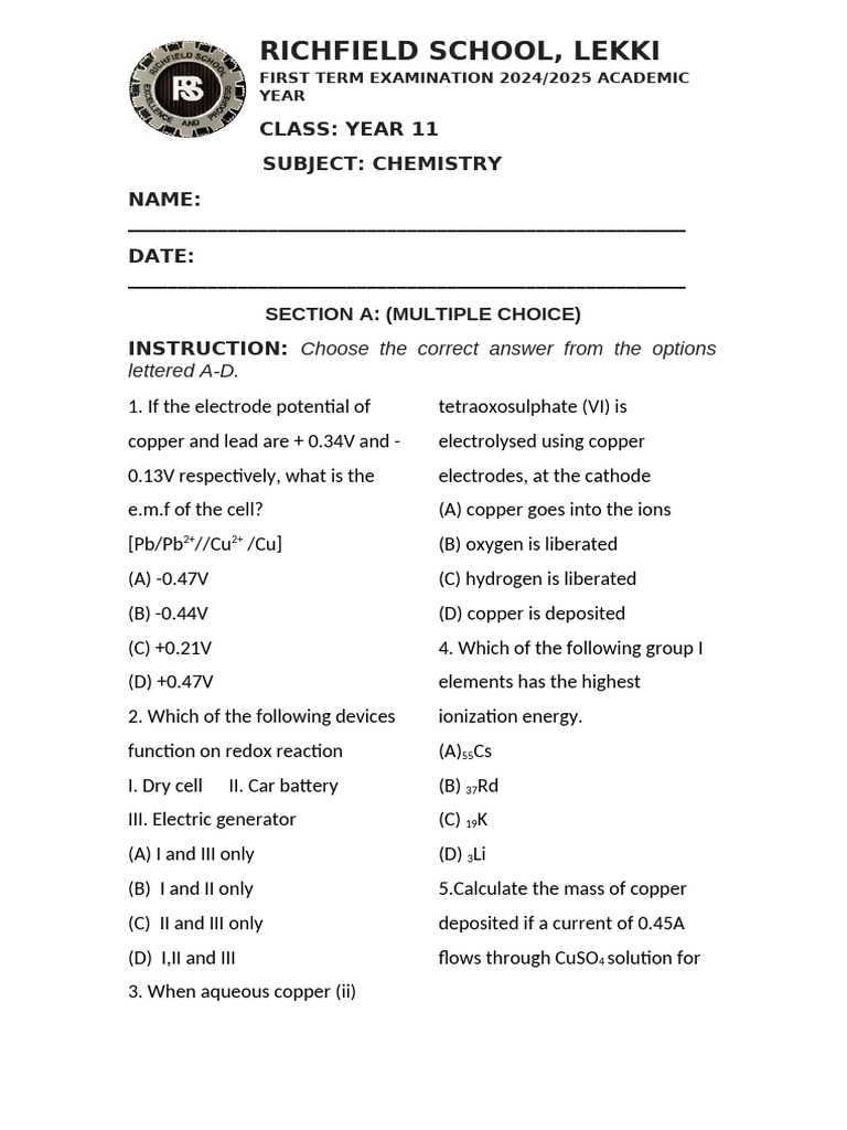 Year 11 Chemistry Exam | PDF | Redox | Chemical Reactions