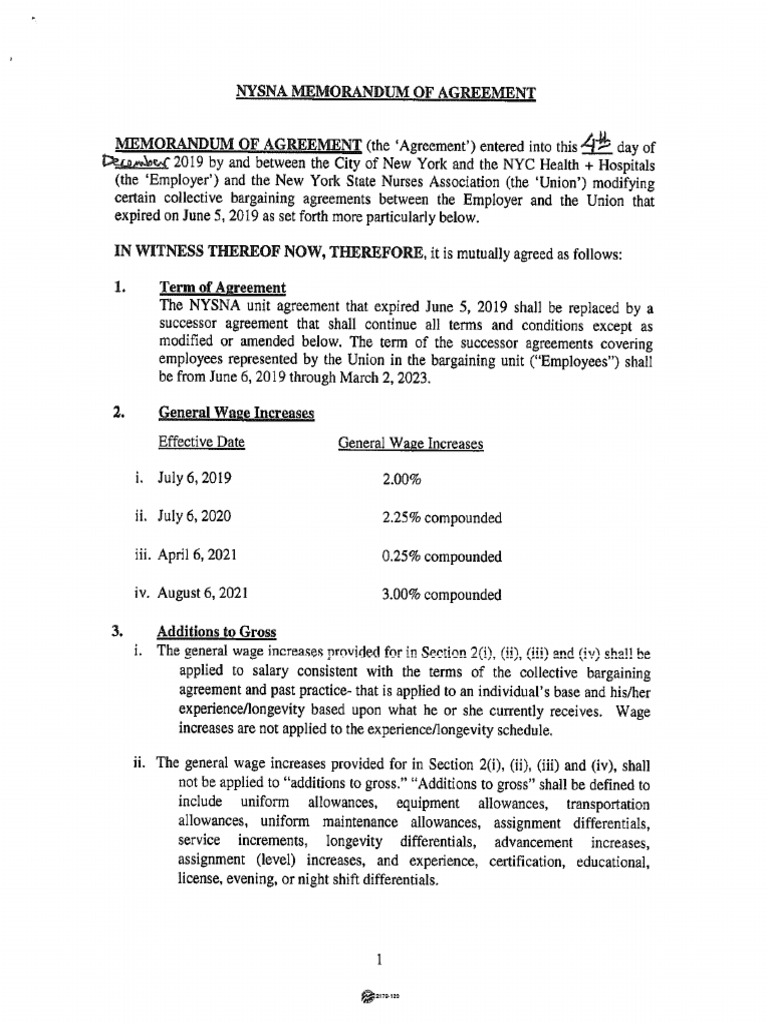 H+H NYSNA Memorandum of Agreement 652019-322023 002 | PDF