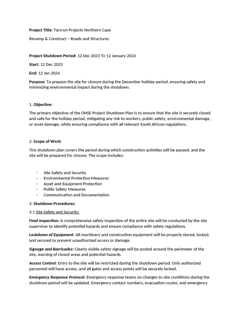 Project Shutdown Plan | PDF | Safety | Environmental Issues