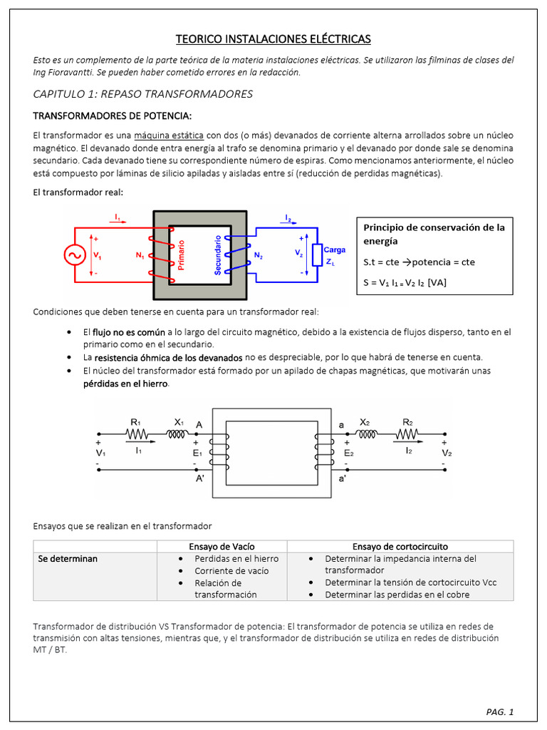 TEORICO INSTALACIONES ELÉCTRICAS | PDF | Transformador | Fusible (Eléctrico)