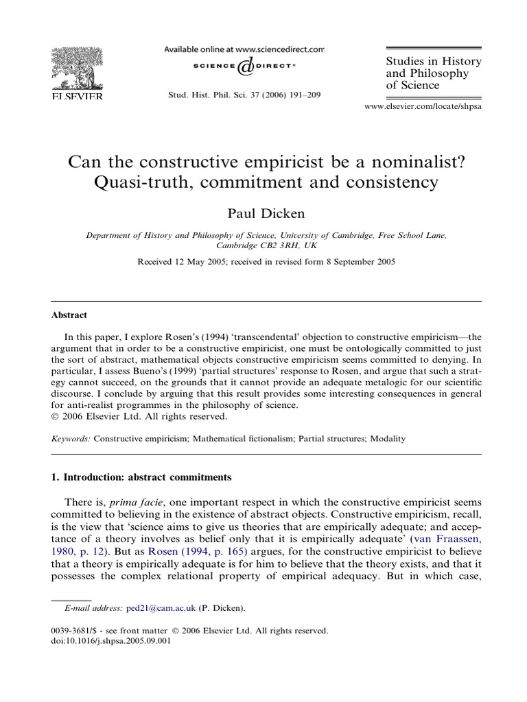 Can The Constructive Empiricist Be A Nominalist. Quasi-Truth ...