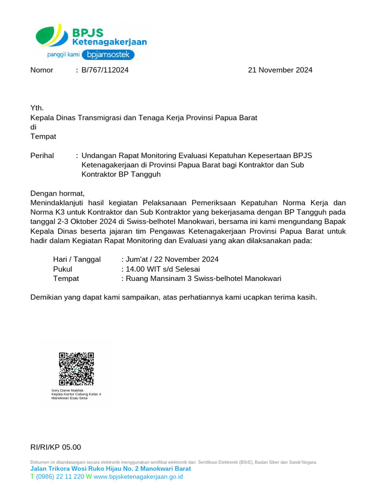 Undangan Rapat Monitoring Evaluasi Kepatuhan Kepesertaan BPJS Ketenagakerjaan | PDF